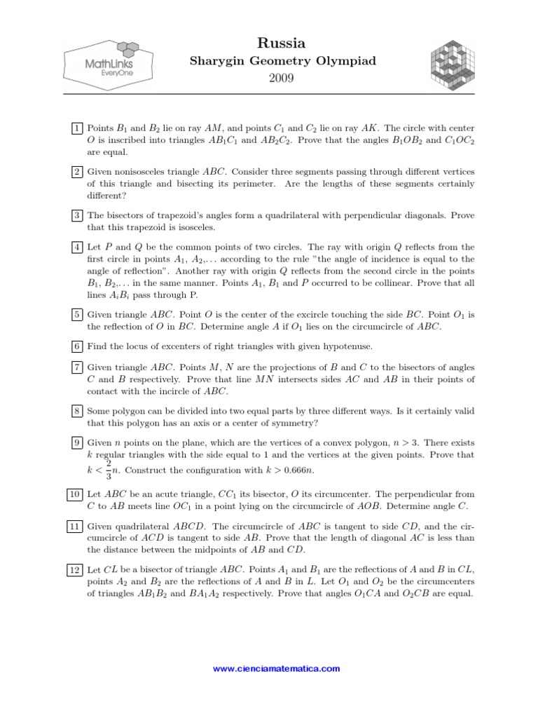 Sharygin Geometry Olympiad Problems | PDF | Triangle | Circle