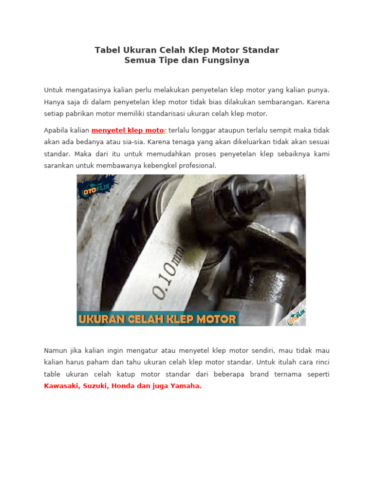 Tabel Ukuran Celah Klep Motor Standar | PDF