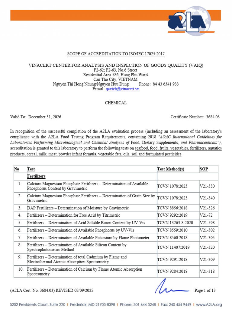 Vinacert Center For Analysis and Inspection of Goods Quality (Vaiq ...