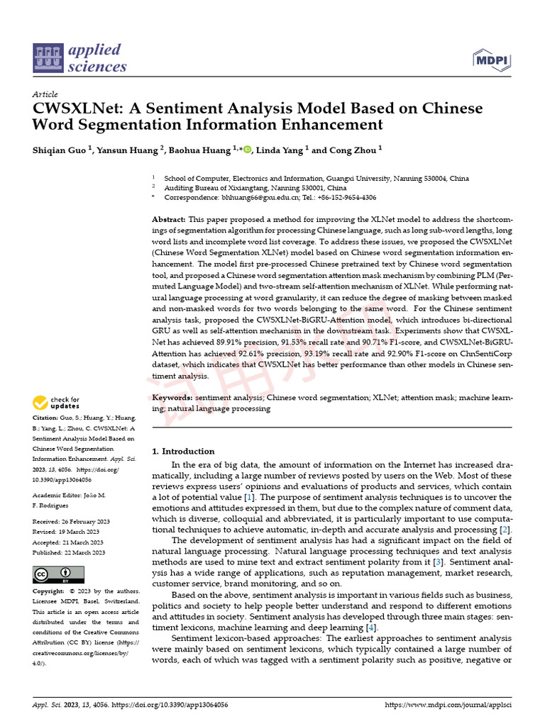 CWSXLNet: Enhanced Chinese Sentiment Analysis | PDF | Learning ...