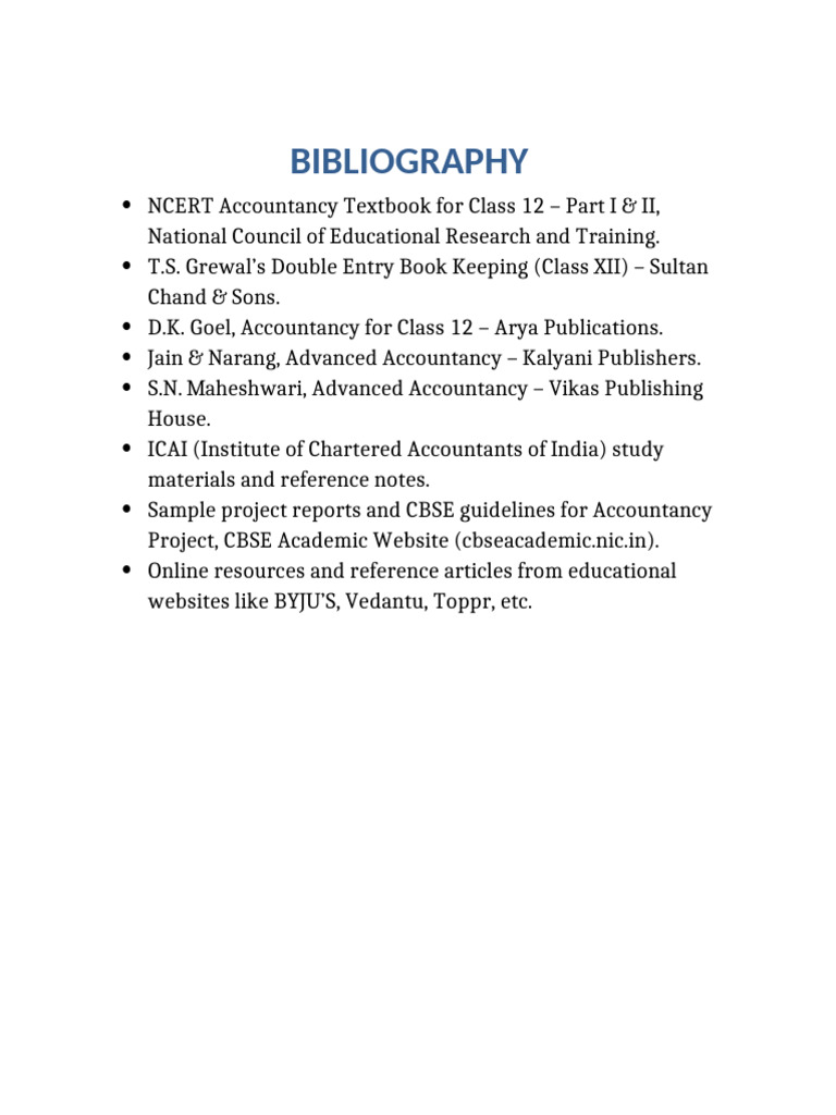 Class 12 Accountancy Project Bibliography | PDF
