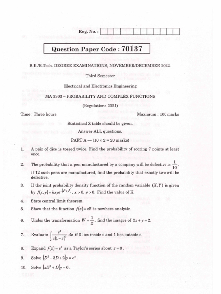 Probability and Complex Function - MA3303 2021 Regulation - Semester Question Paper 2022 Nov Dec ...