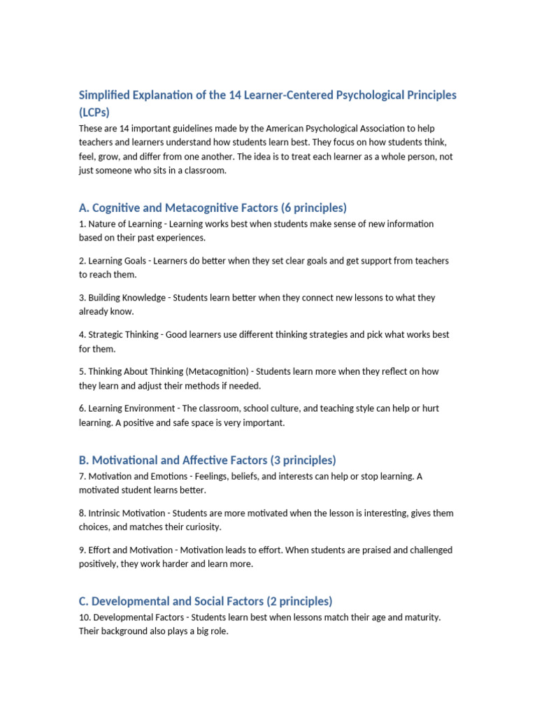 14 Learner Centered Principles Explained | PDF | Learning | Motivational
