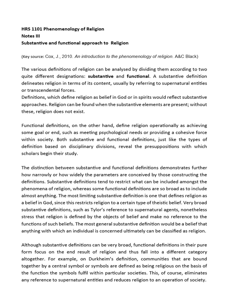 HRS 1101 Phenomenology of Religion On Subtantive and Functional ...