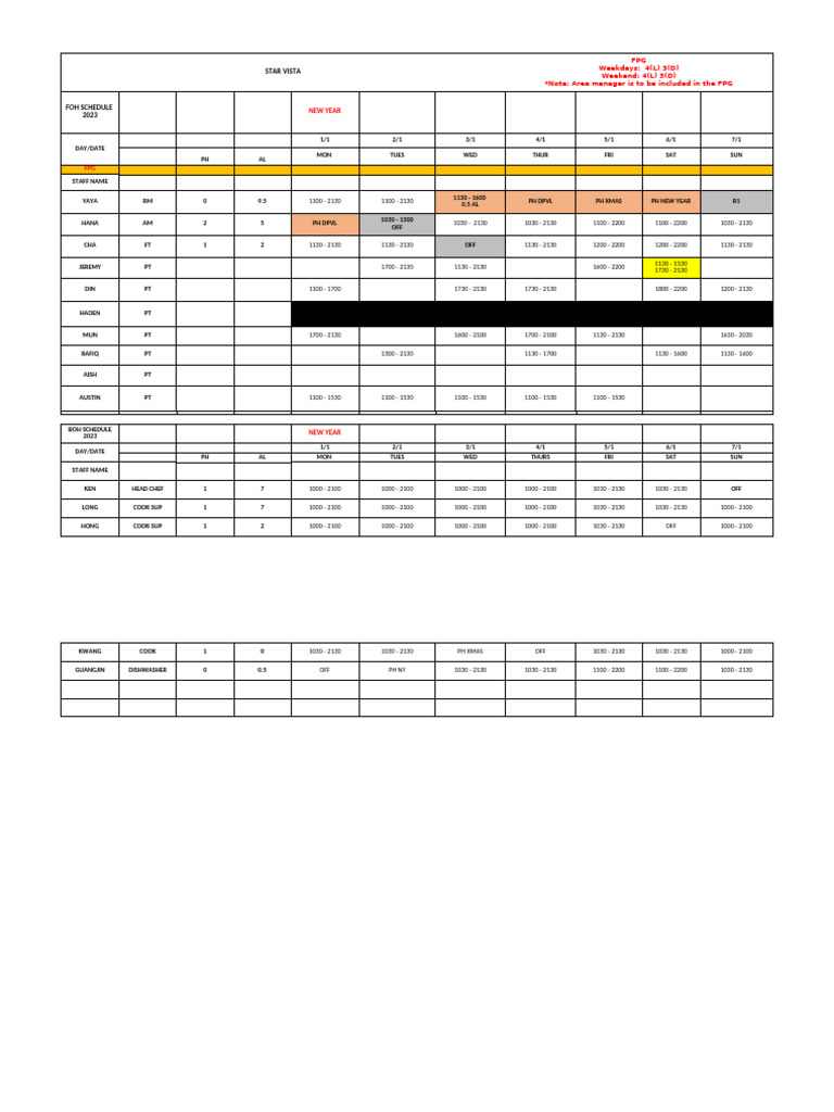 SV Foh Boh Schedule - 2024 2 | PDF
