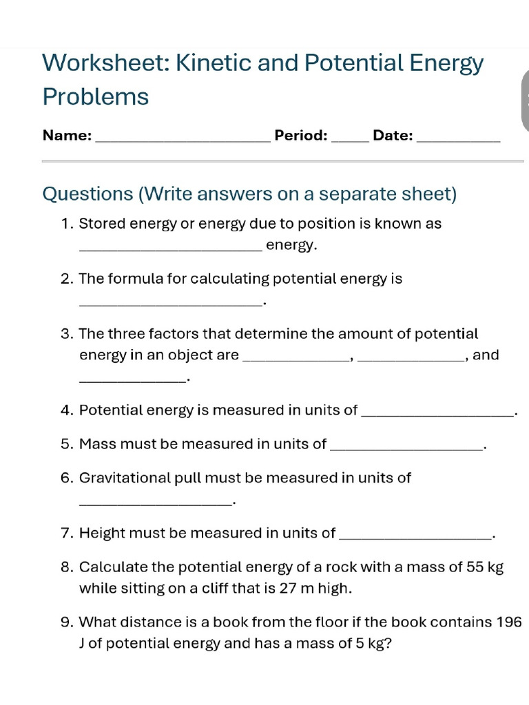 Kls8-Physics-Energy PE KE-Questions WS 4 | PDF