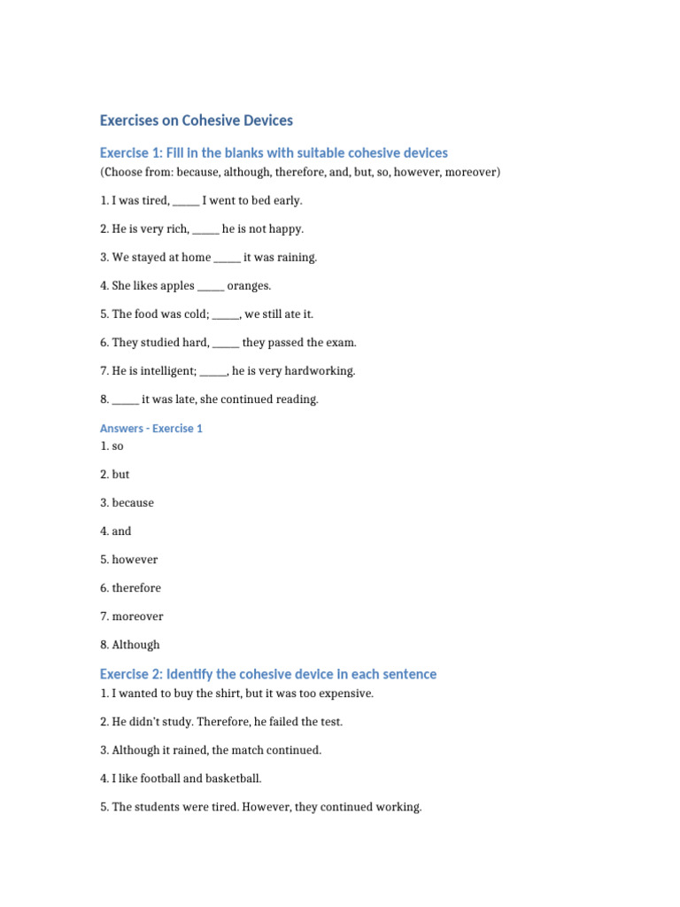 Cohesive Devices Practice Exercises | PDF