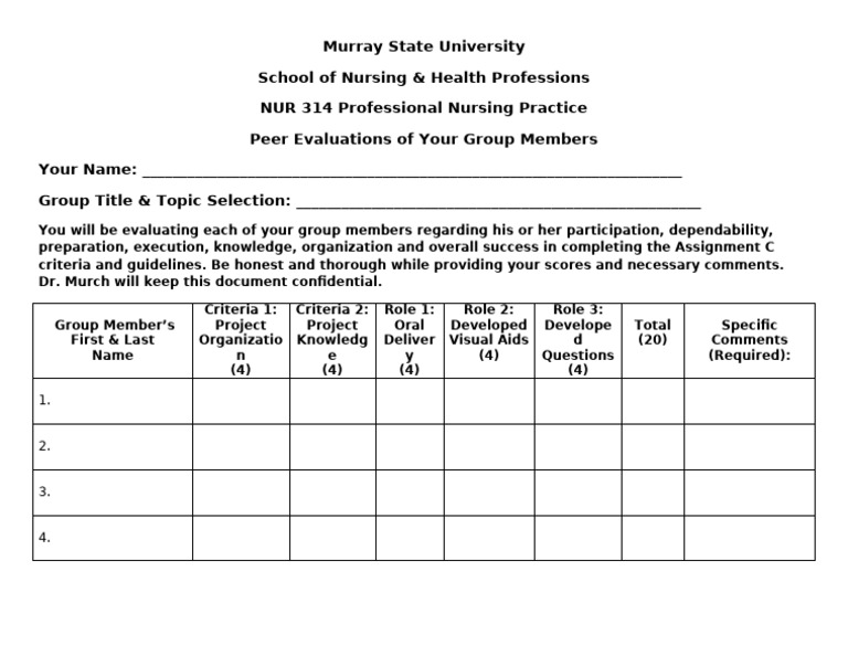 NUR 314 Peer Evaluation Form, 8!16!21 | PDF