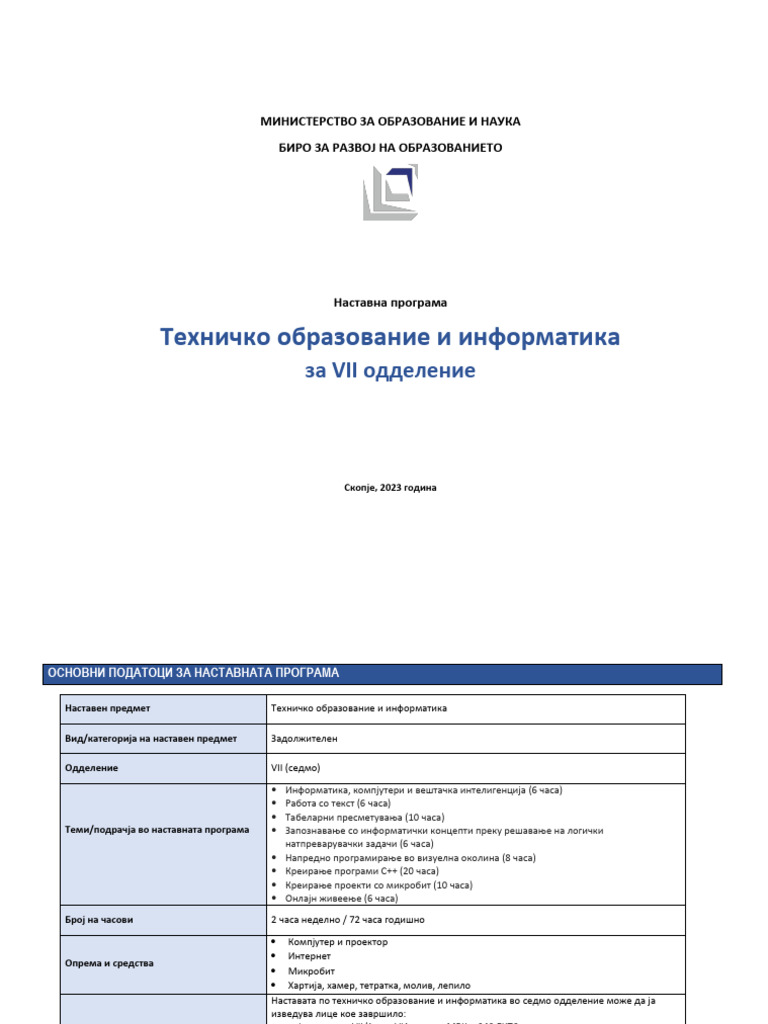 Nastavna Programa Tehnicko Obrazovanie I Informatika 7 Odd | PDF