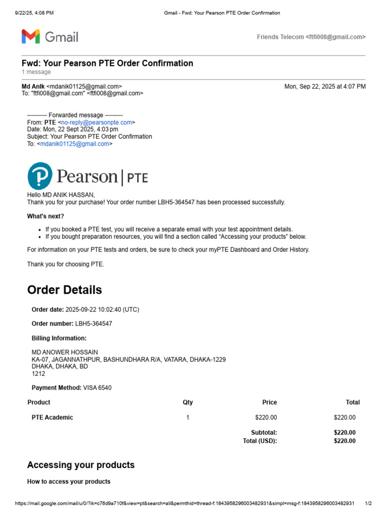 Pearson PTE Order Confirmation LBH5-364547 | PDF | Gmail