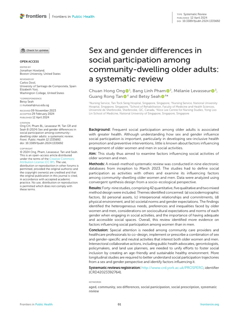 Sex and Gender Differences in Social Participation Among Community ...