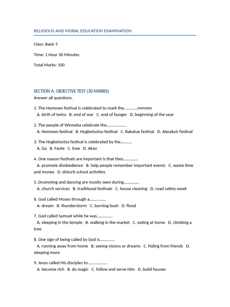 Basic 5 Religious Education Exam Guide | PDF | God | Religious Belief ...