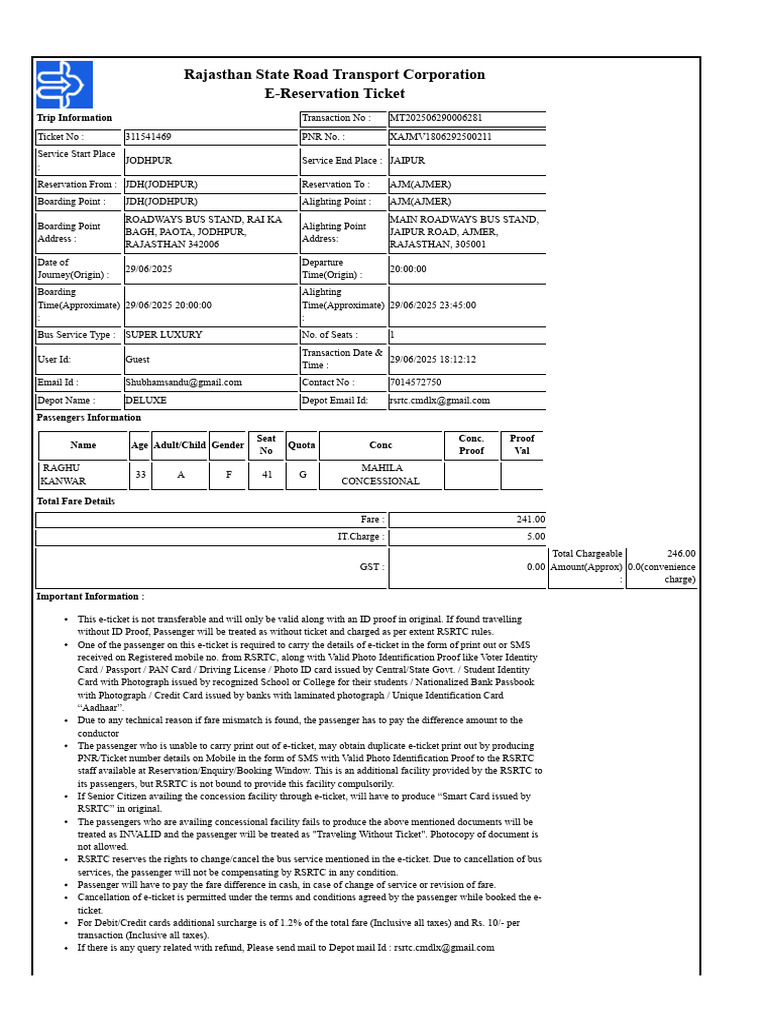 RSRTC E-Ticket Confirmation Details | PDF | Identity Document ...