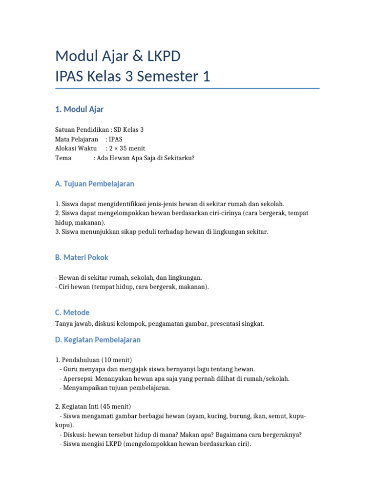 Modul Ajar IPAS Kelas 3: Hewan di Sekitar | PDF