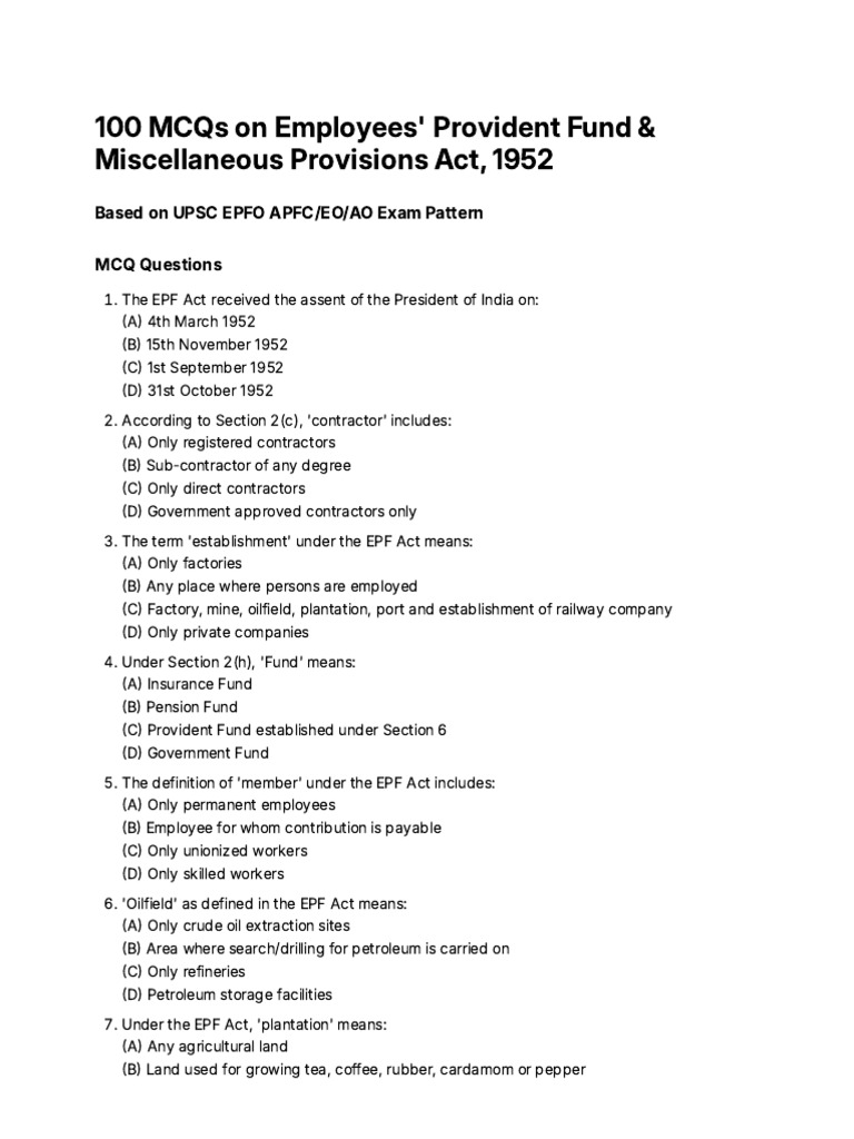 100 EPF Act MCQs for UPSC Exam Prep | PDF | Employment | Labor