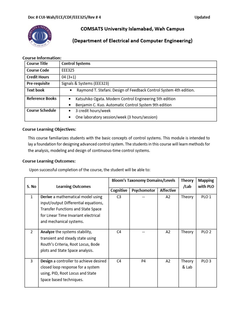Control Systems Course Description Form (CDF) 2025 Version 4 | PDF ...