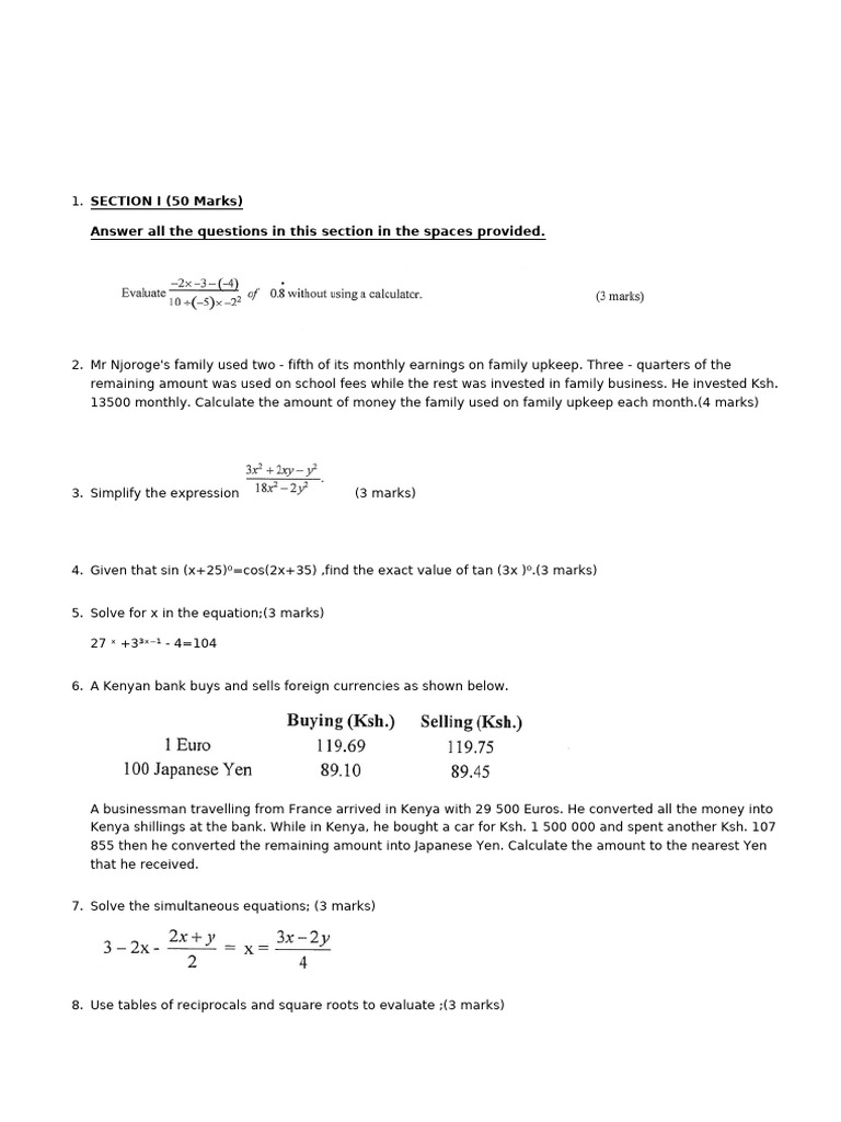 Mathematics Paper 1 - Form 4 Term 3 Opener Exams 2025-5412 | PDF ...