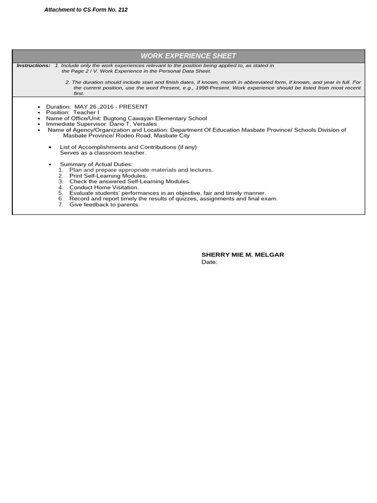 Work Experience Sheet for Teacher I | PDF