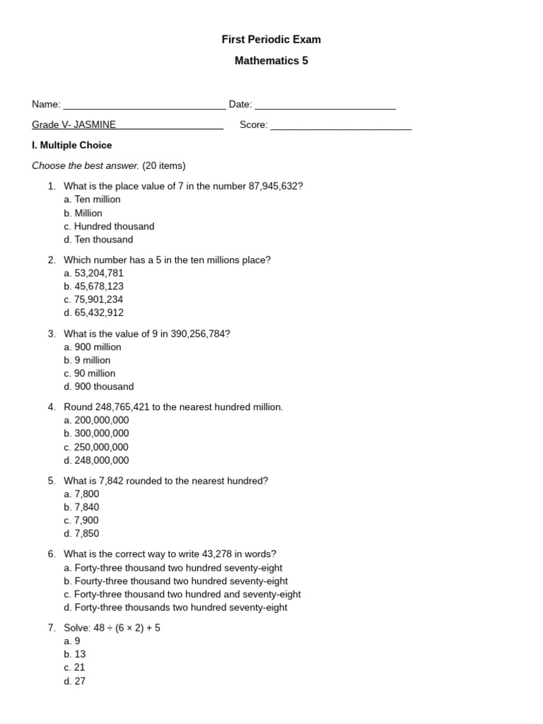 First Periodic Exam Math | PDF | Mathematics