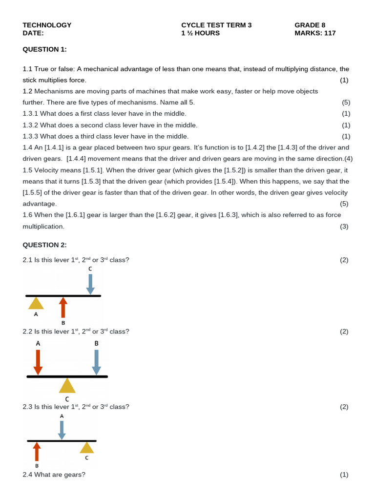Technology Cycle Test Term 3grade 8 | PDF | Gear | Lever