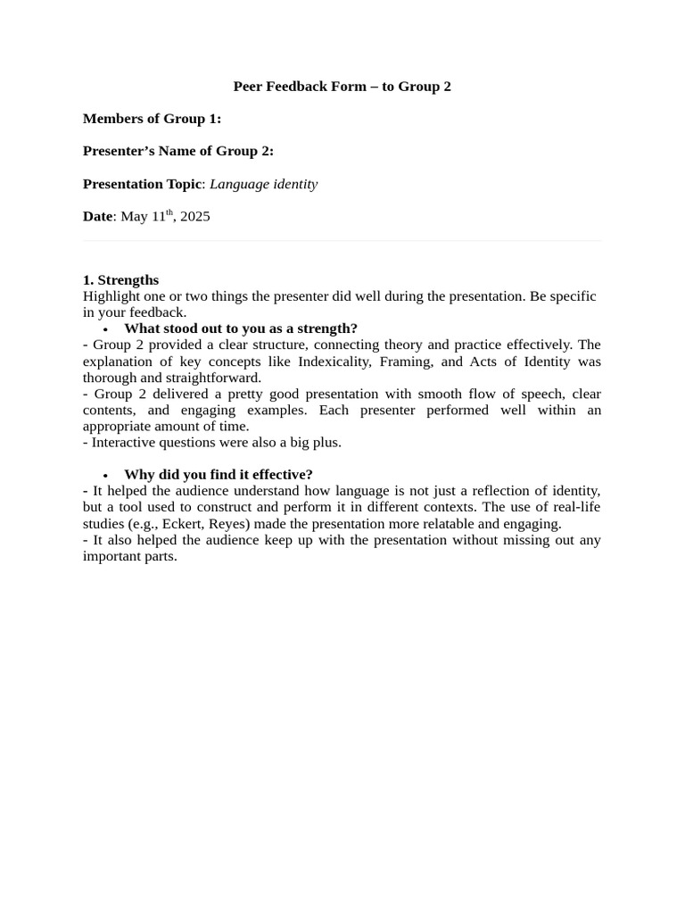 Peer Feedback Form Template | PDF