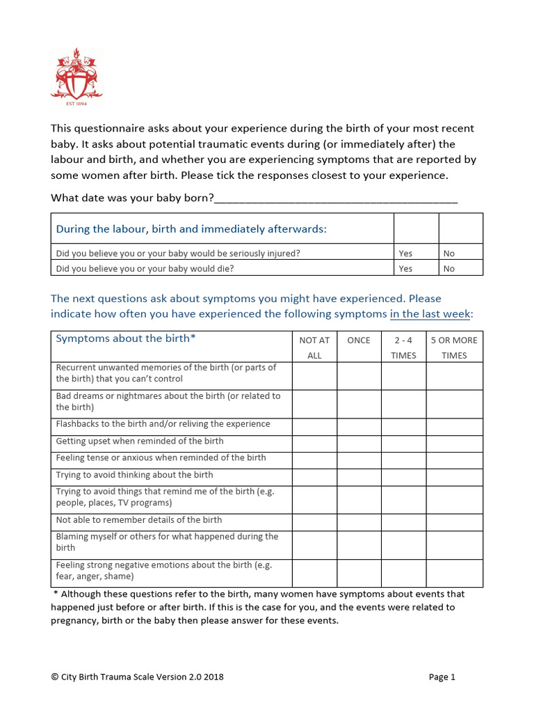 City Birth Trauma Scale Questionnaire | PDF | Psychological Trauma ...