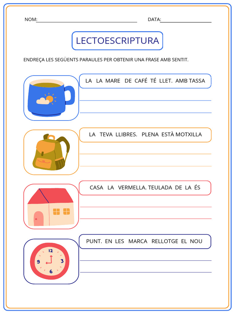 Ficha de Ejercicios Sobre Lectoescriptura en Estilo Retro Colorido | PDF
