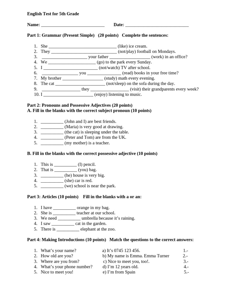 5th Grade English Test: Grammar & More | PDF | Linguistics | Syntax