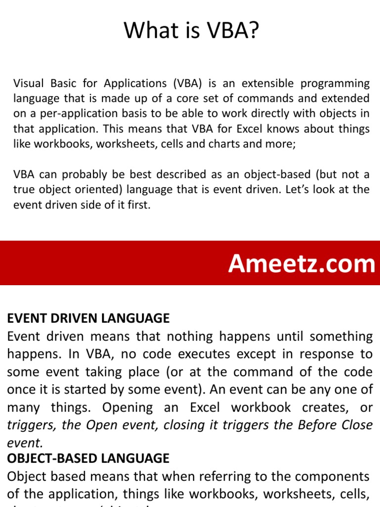 E Learning Excel Vba Programming Lesson 1 Pdf Visual Basic For Applications Microsoft Excel