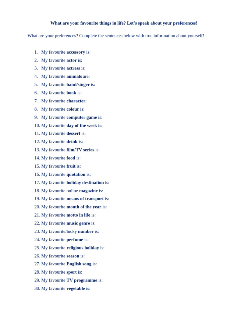 My Favorite Things Questionnaire | PDF
