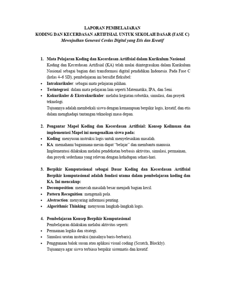 Laporan Pembelajaran Koding Dan Kecerdasan Artifisial Untuk Sekolah Dasar | PDF