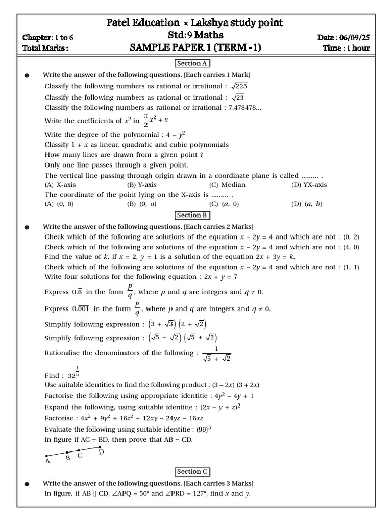 Samplepaper1 (Term 1) d06 Sep 2025 | PDF | Equations | Elementary Mathematics