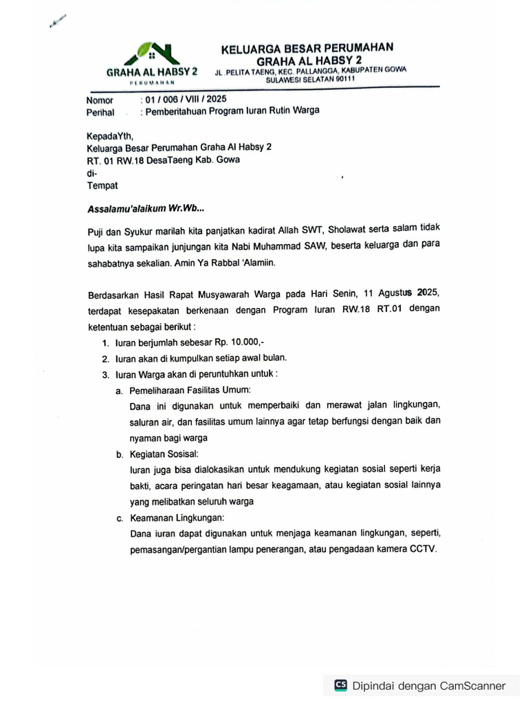 Program Iuran Rutin Perumahan Graha Al Habsy 2 | PDF
