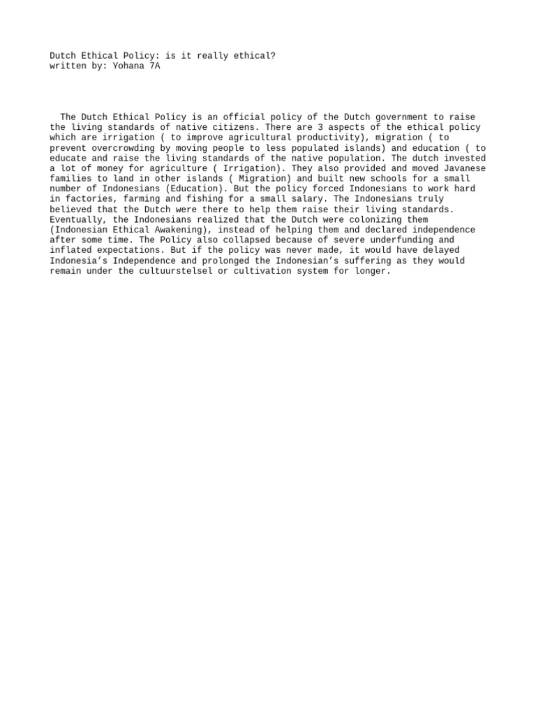 Yohana Lusia Hutajulu - Dutch Ethical Policy - Is It Really Ethical? | PDF