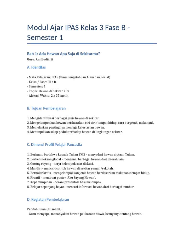 Modul Ajar IPAS Kelas 3: Hewan di Sekitar | PDF