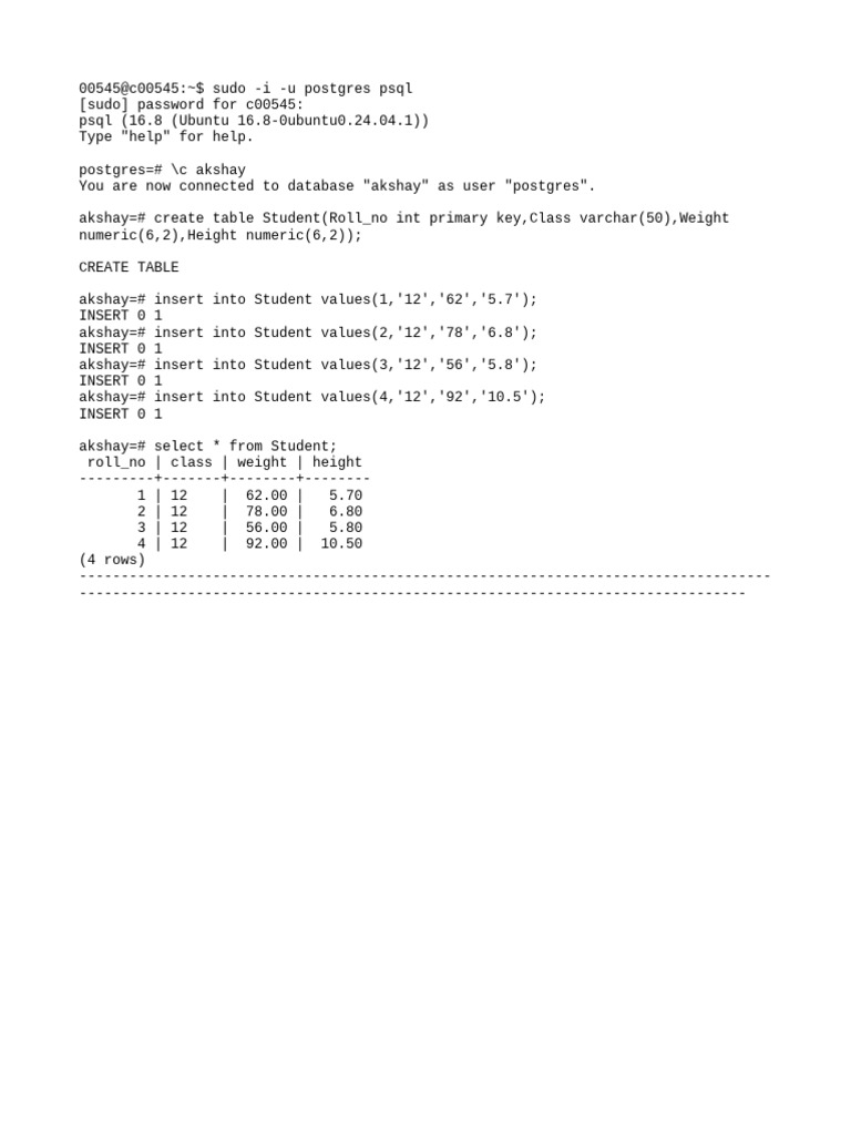 PostgreSQL Student Table Creation | PDF
