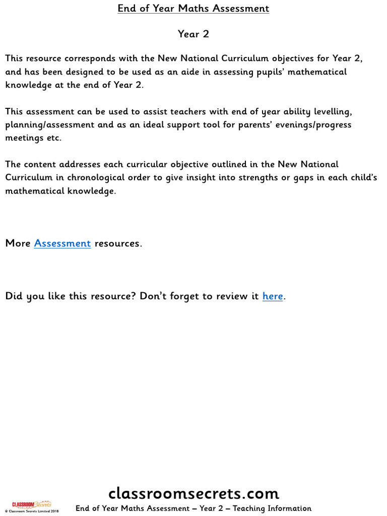 Year 2 End of Year Maths Assessment | PDF | Multiplication | Numbers
