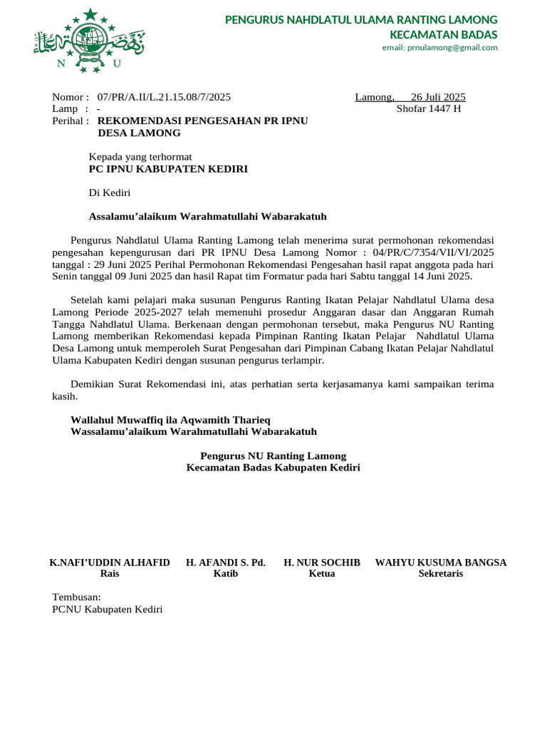 Surat Rekom IPNU 2025-2027 | PDF