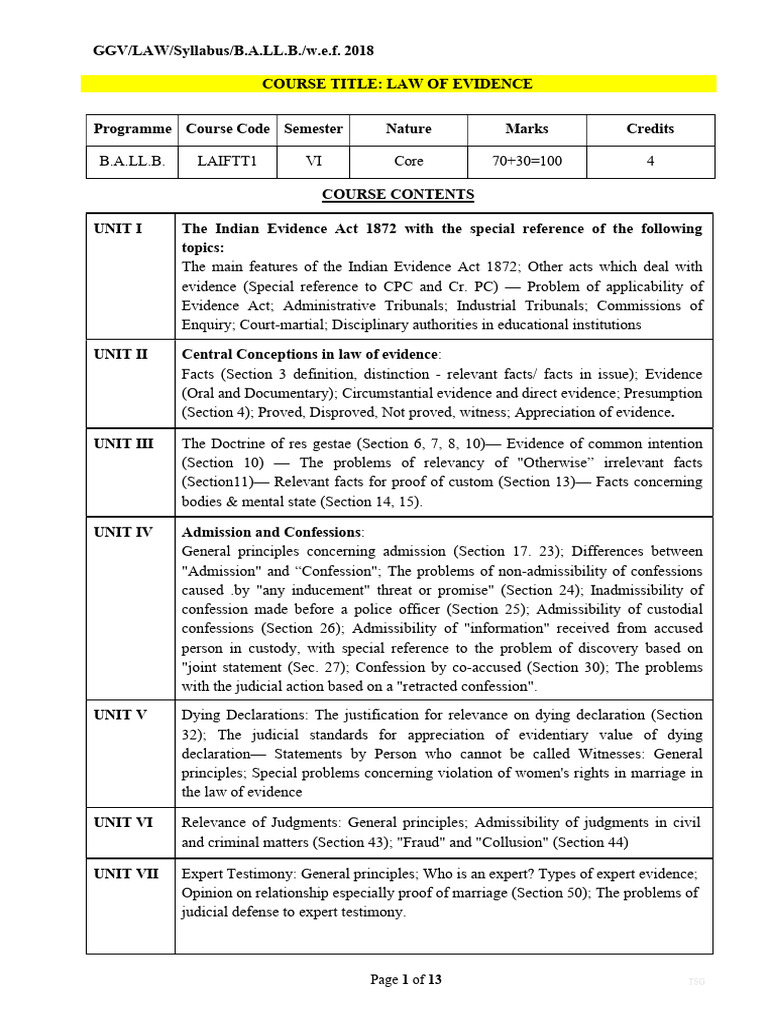 Law of Evidence Syllabus for B.A.LL.B. | PDF | Evidence (Law) | Lawsuit