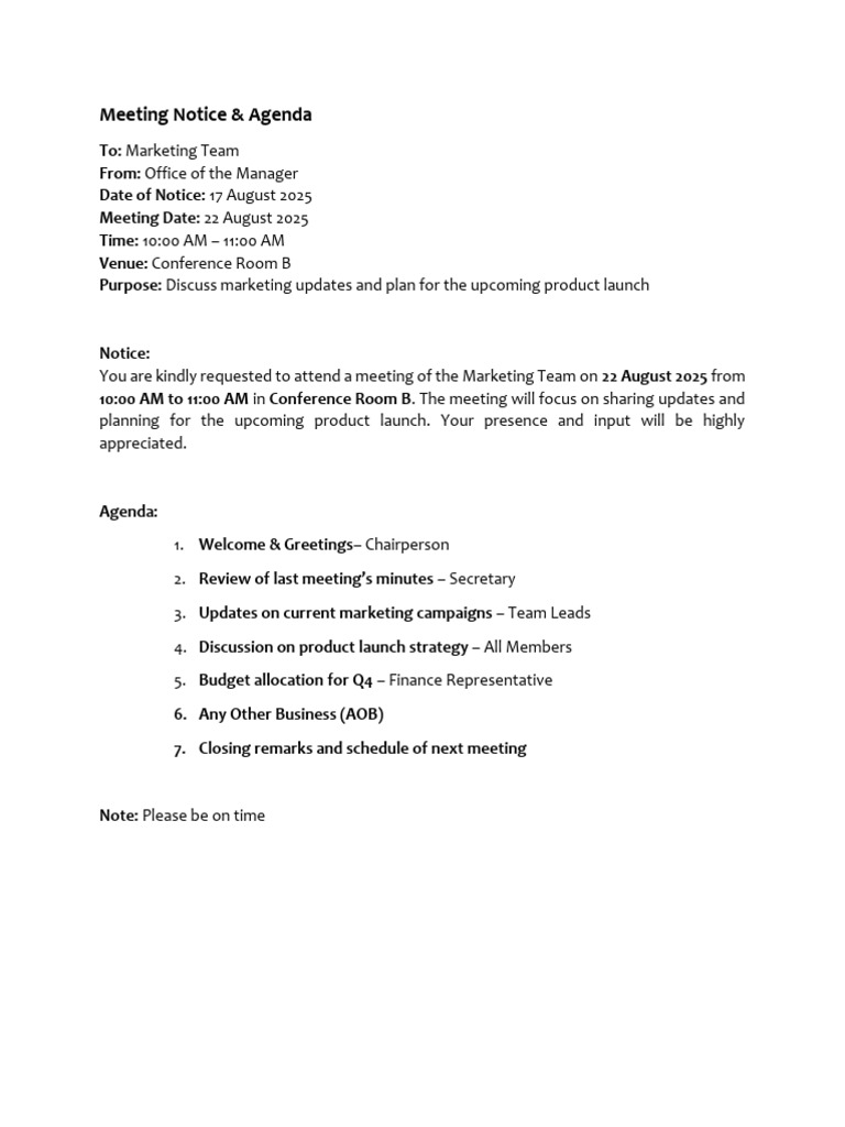 Marketing Team Meeting Notice & Agenda | PDF