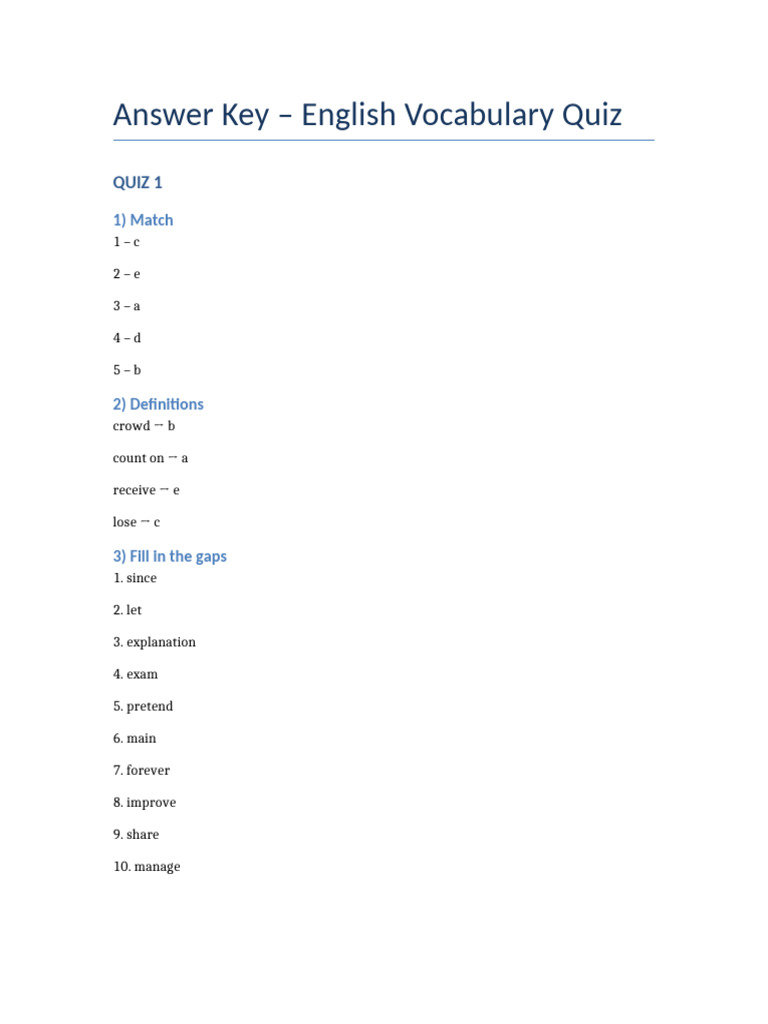 English Vocabulary Quiz Answers | PDF