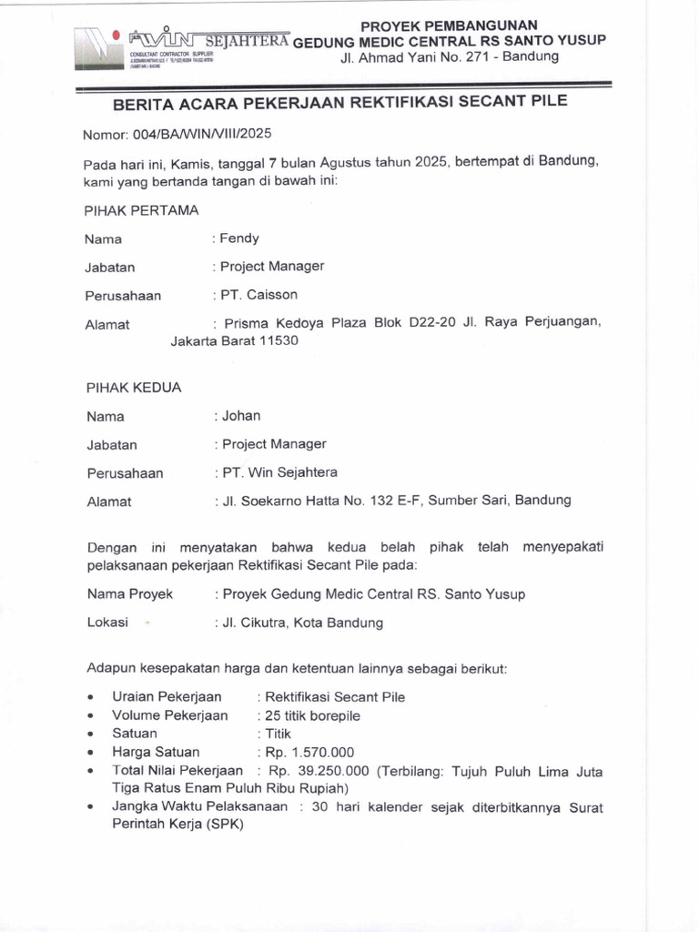 Berita Acara Pekerjaan Cipping PT - Win-Pt - Caison | PDF