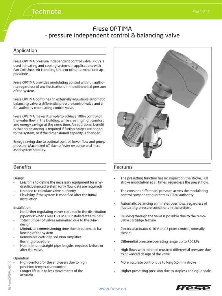Frese OPTIMA Pressure Independent Valve | PDF | Valve | Pressure ...