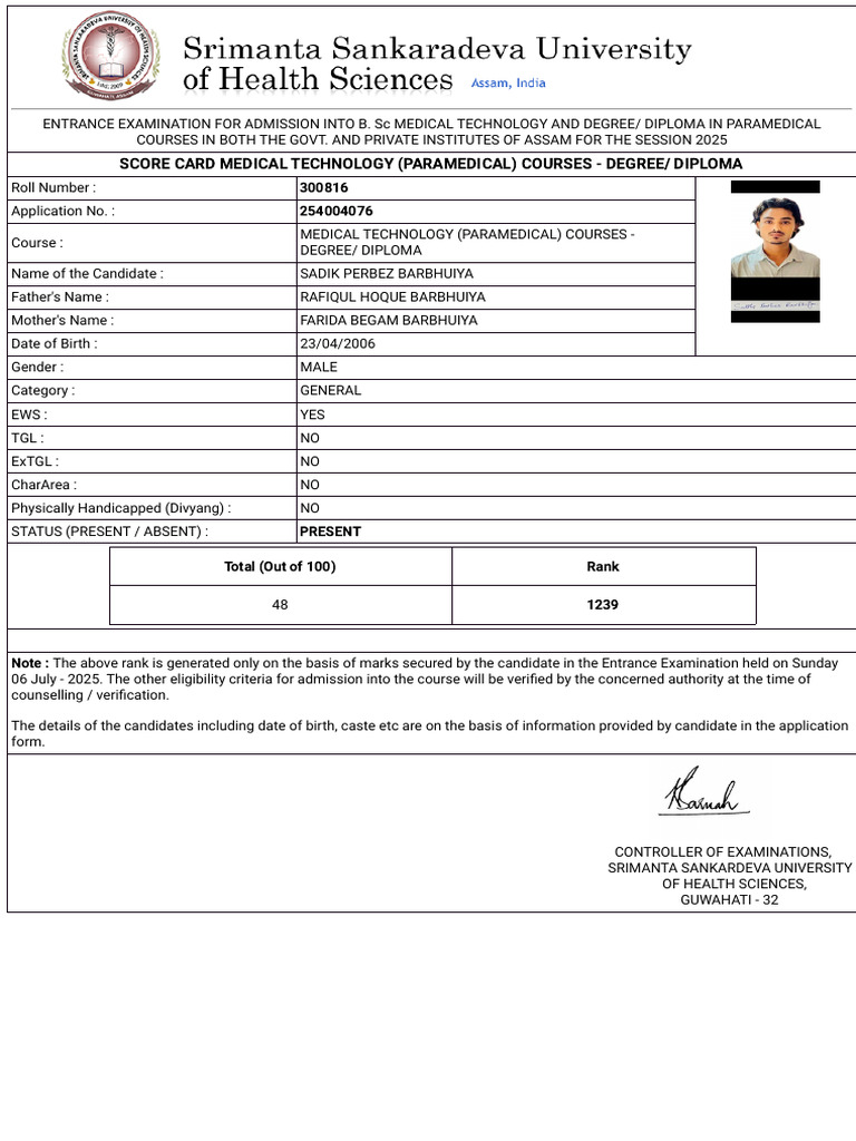 Entrance Exam Score Card: Sadik Perbez | PDF