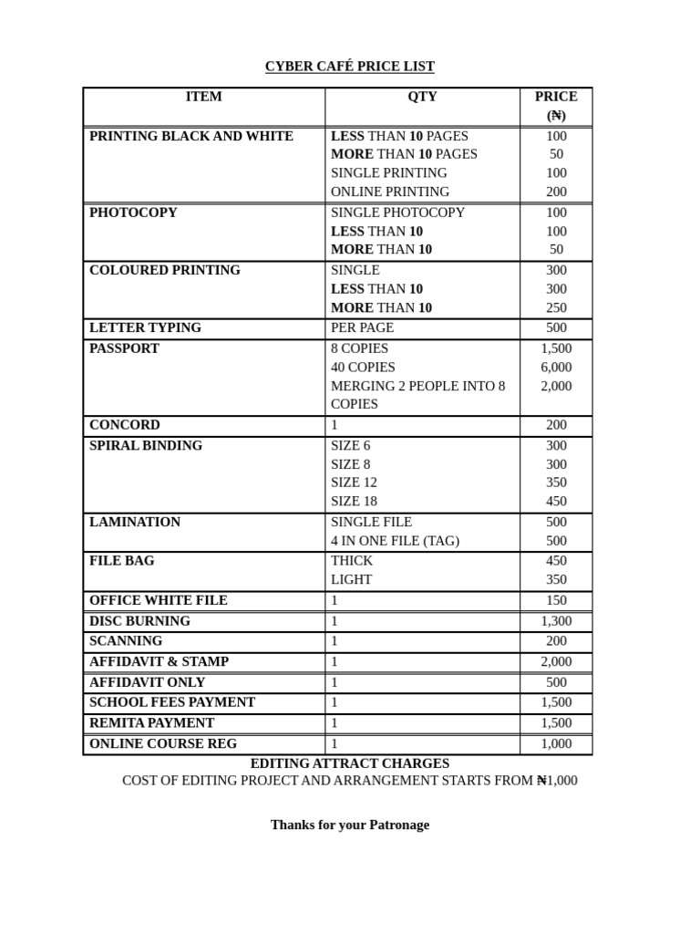 Cyber Café Price List 2025 | PDF