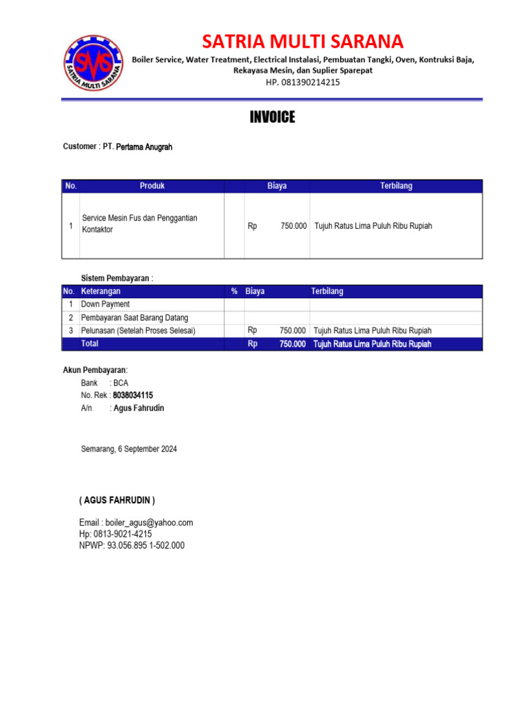 Invoice Service Mesin PT. Pertama Anugrah | PDF