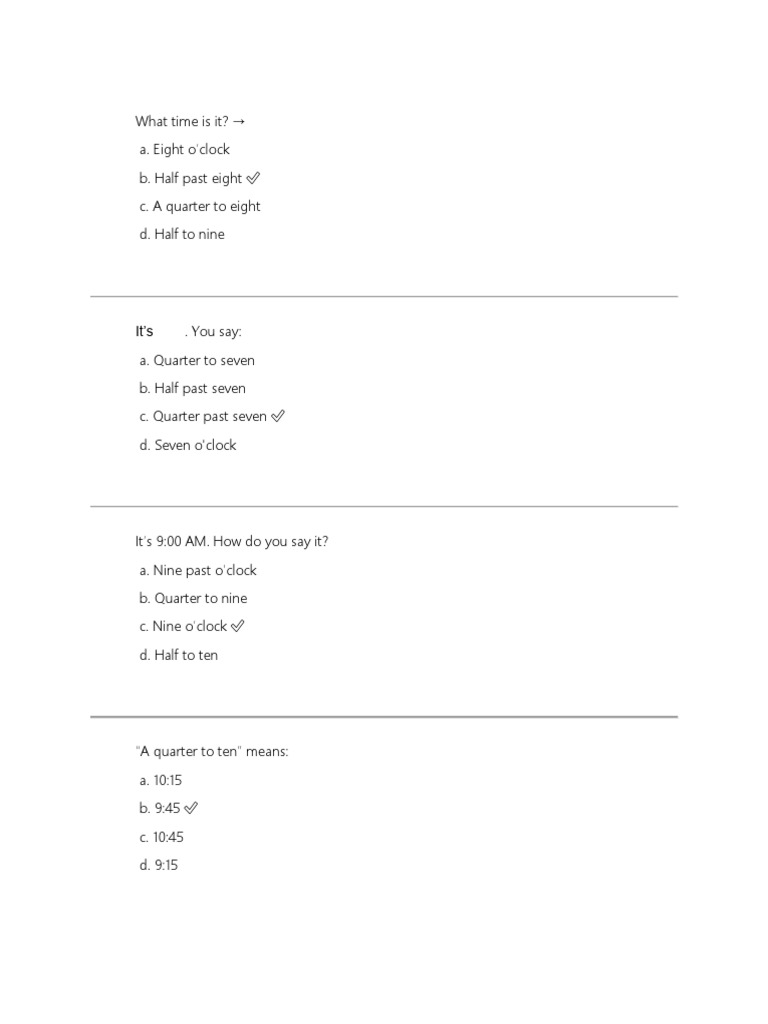 Time and Day Quiz for Learners | PDF