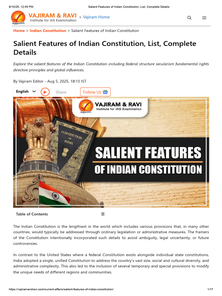 Salient Features of Indian Constitution | PDF | Constitution ...