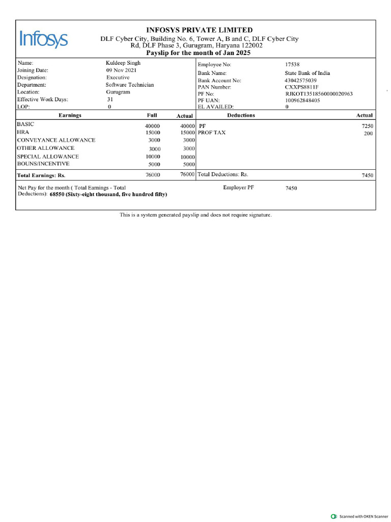 Infosys PVT LTD January 2025 Payslip | PDF