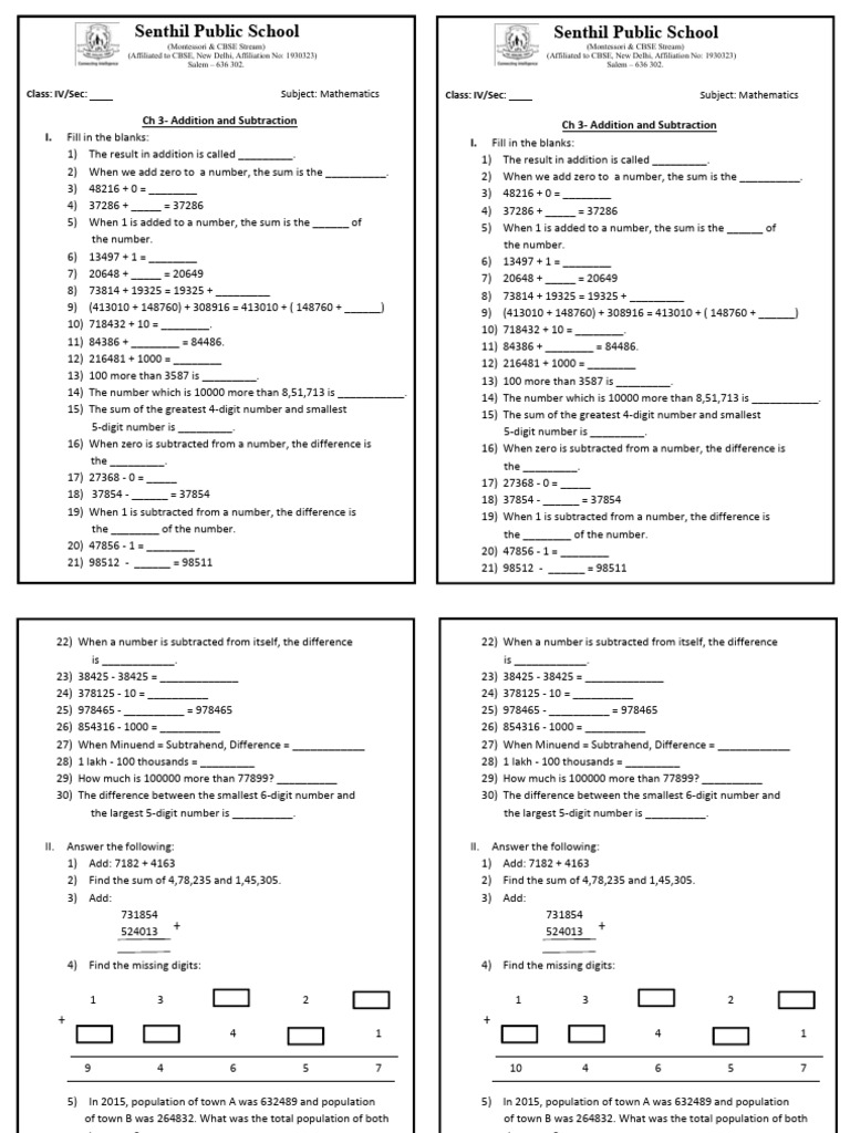 Class IV Mathematics: Addition & Subtraction | PDF | Subtraction ...